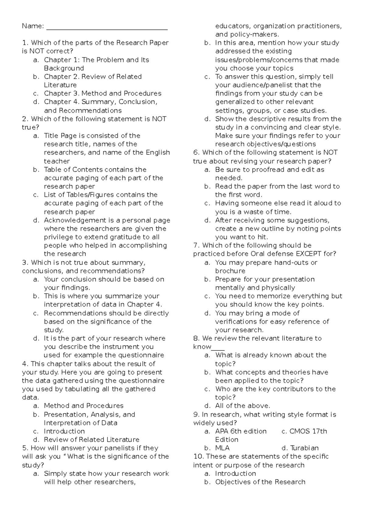 4th Qtr Long Test - Research Paper Components and Analysis - Studocu