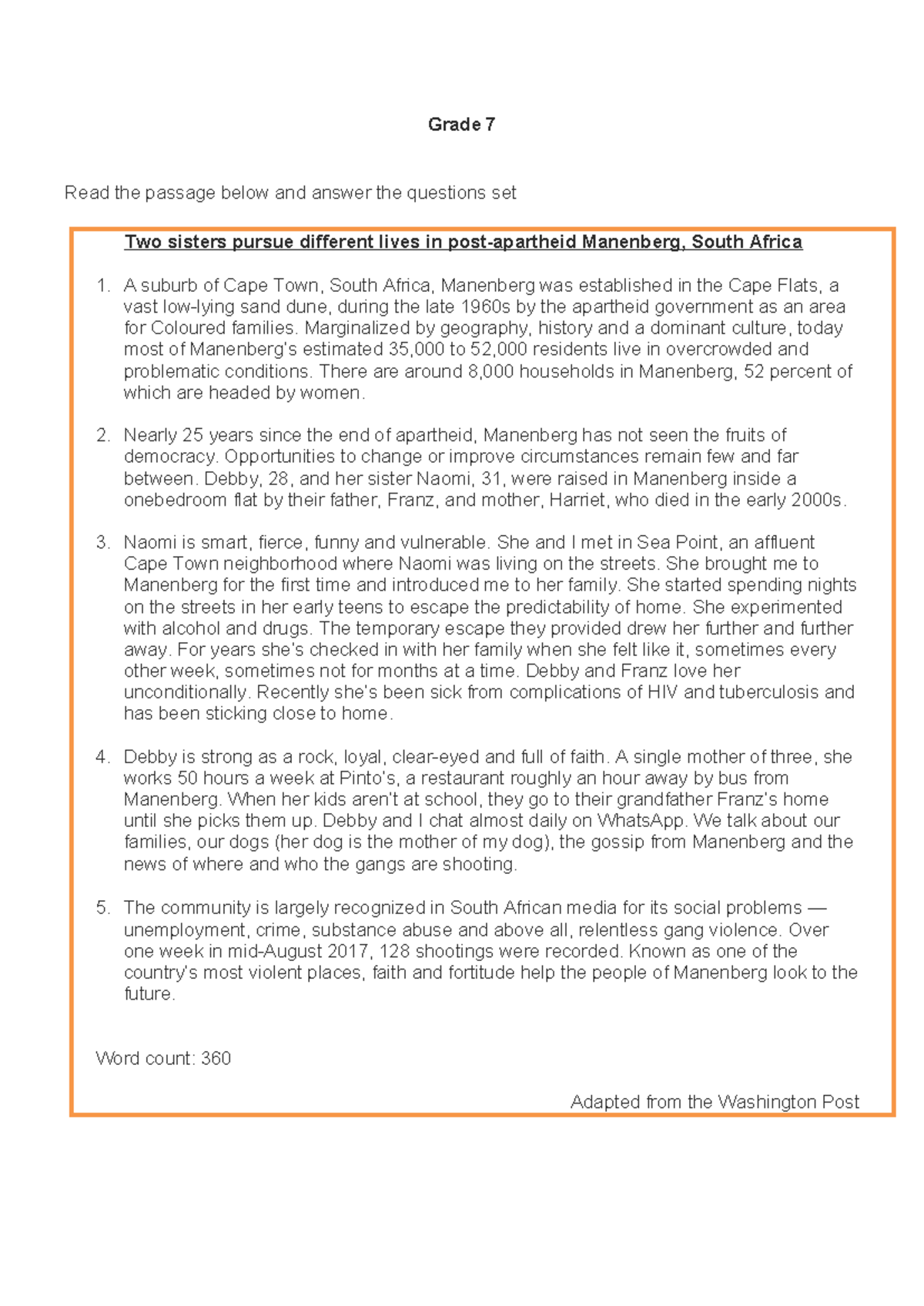 Grade 7 Comprehension Task: Life in Manenberg, South Africa - Studocu