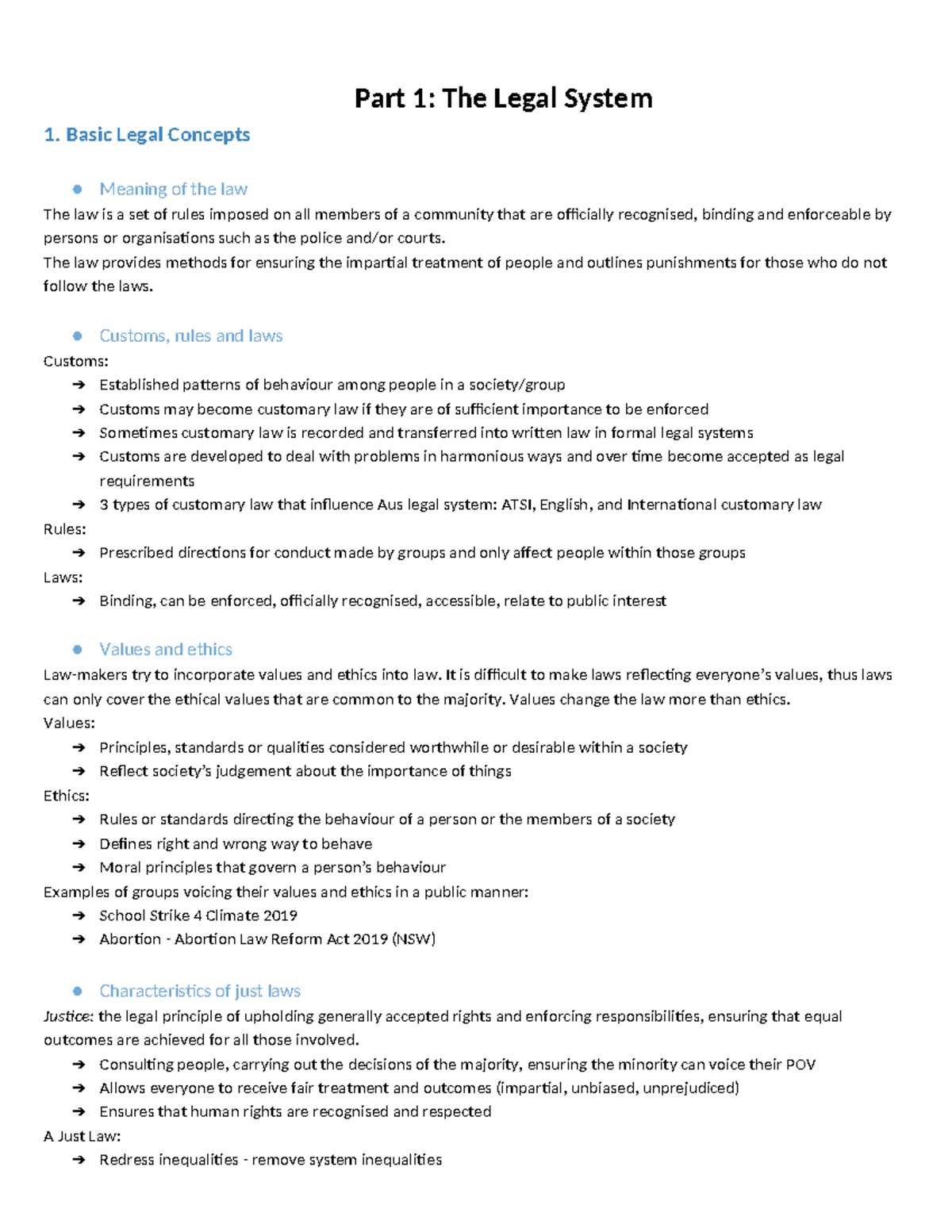 Yr 11 Legal Study Notes Topic 1: The Legal System Overview - Studocu