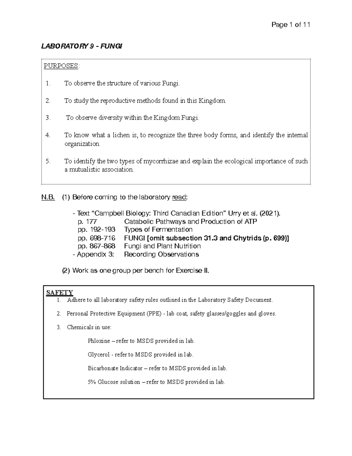 B1001 Lab 9 Fungi yrt f22 PDF - LABORATORY 9 - FUNGI N. (1) Before coming to the laboratory read ...