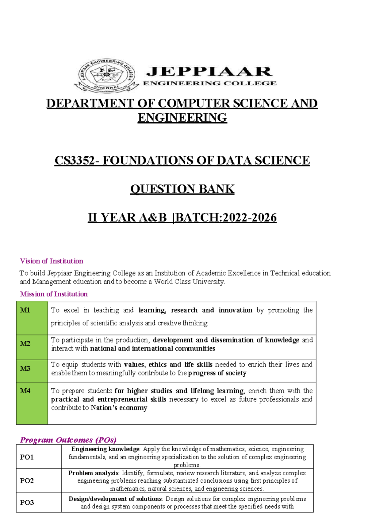 CSE 202: Foundations of Data Science Question Bank for II Year Students ...