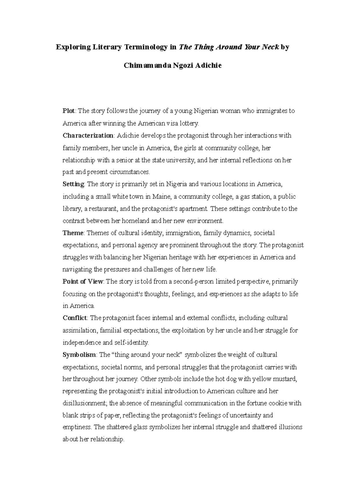 Literary Analysis of The Thing Around Your Neck: Key Terms & Themes ...