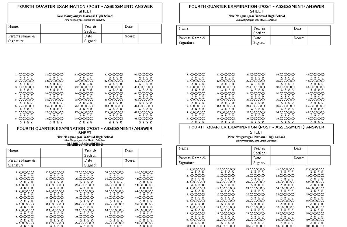 FOURTH QUARTER EXAM (POST ASSESSMENT) ANSWER SHEET - Studocu