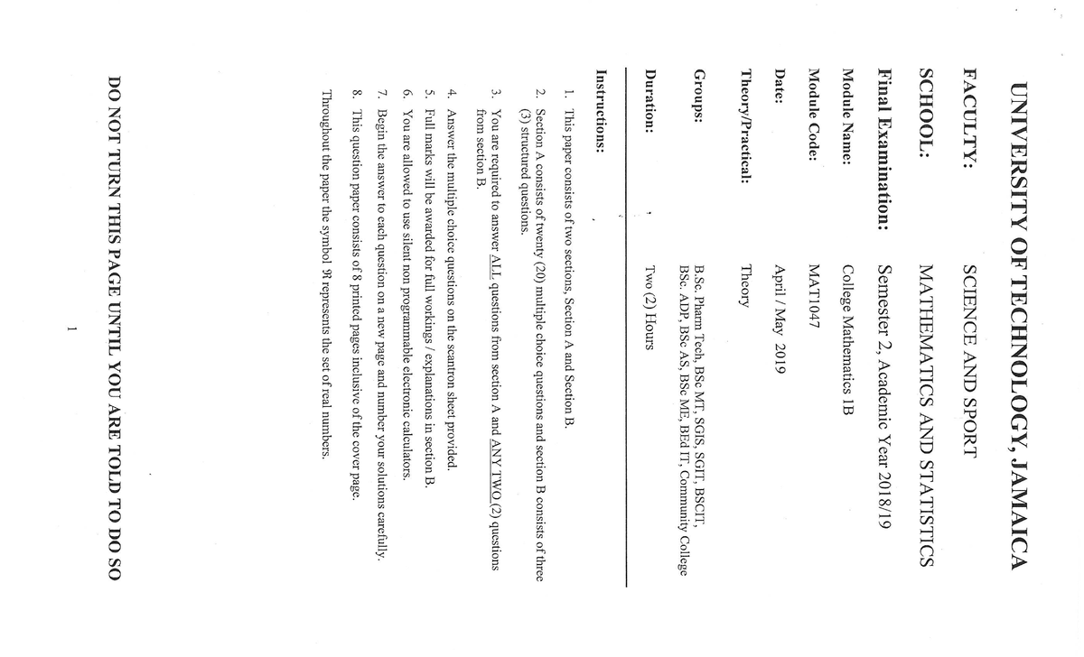 College Mathematics 1B Final Exam - April/May 2019 - Studocu