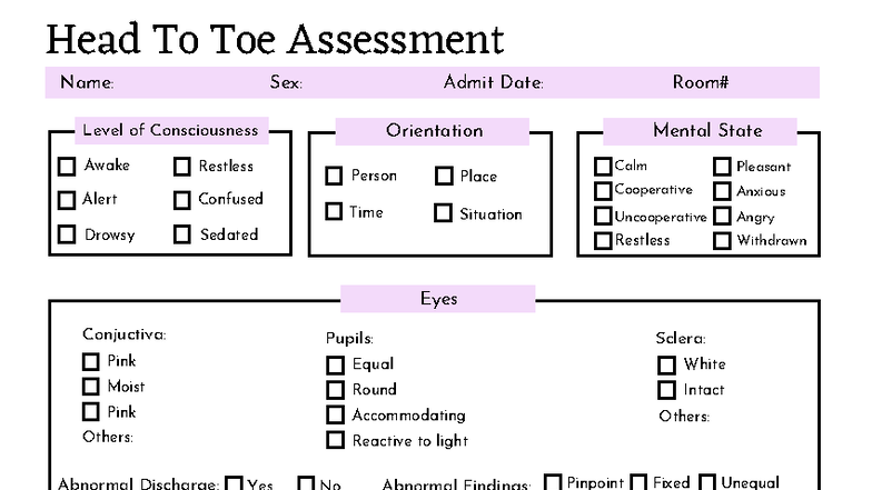 Head to Toe Assessment Cheat Sheet - Clinical Guide - Studocu