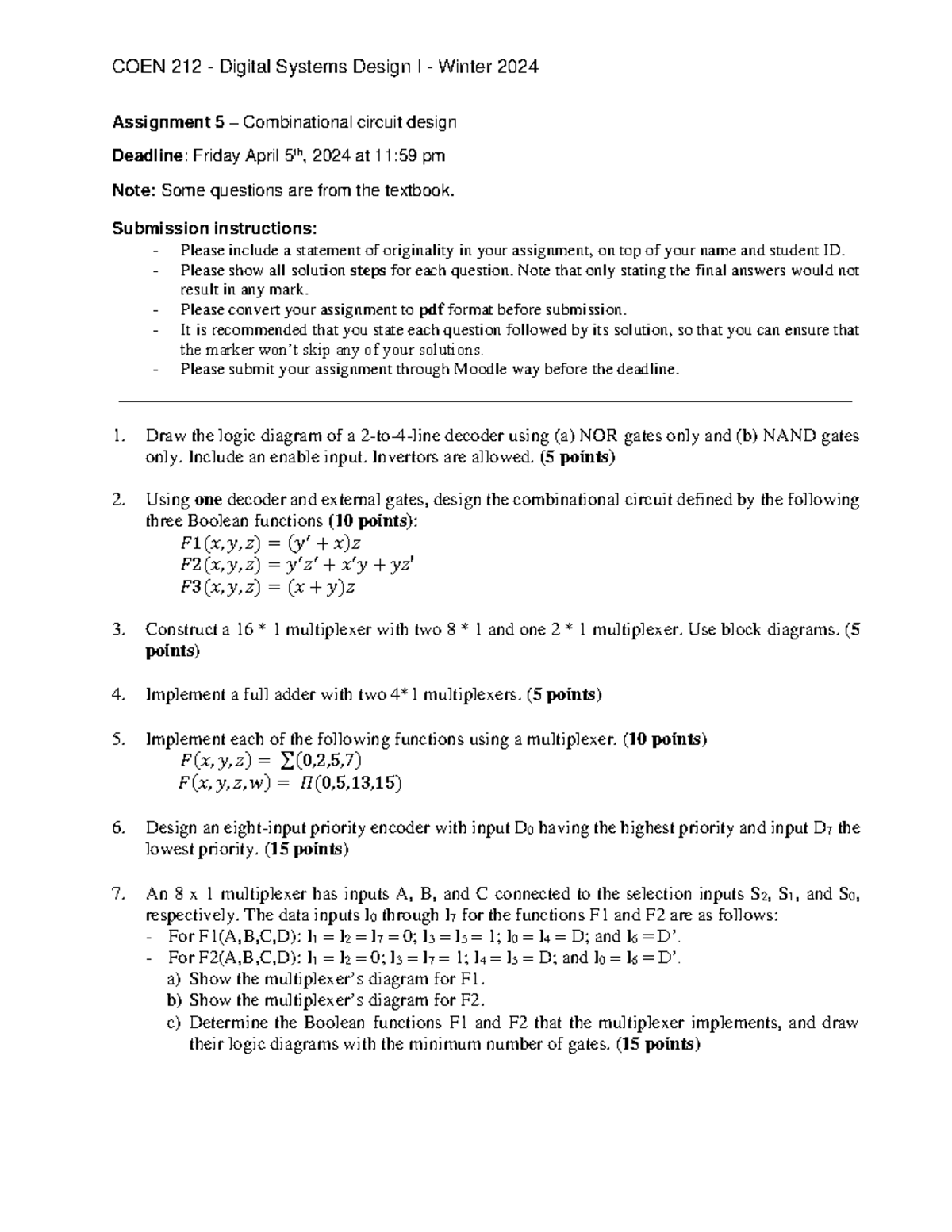 COEN 212 - Digital Systems Design I Assignment 5: Combinational Circuit Design - Studocu