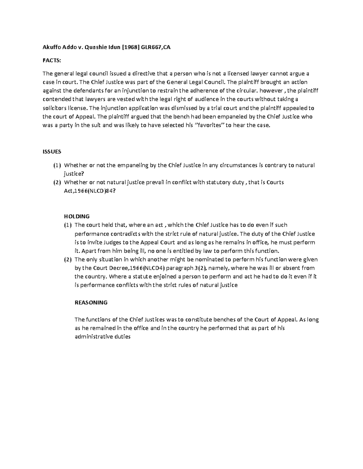Akuffo Addo v Quashie Idun Case Summary - Legal Analysis 1968 - Studocu
