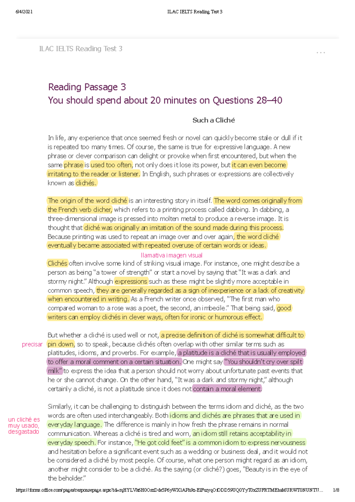 ILAC IELTS Reading Test 3 - Understanding Clichés and Their Uses - Studocu