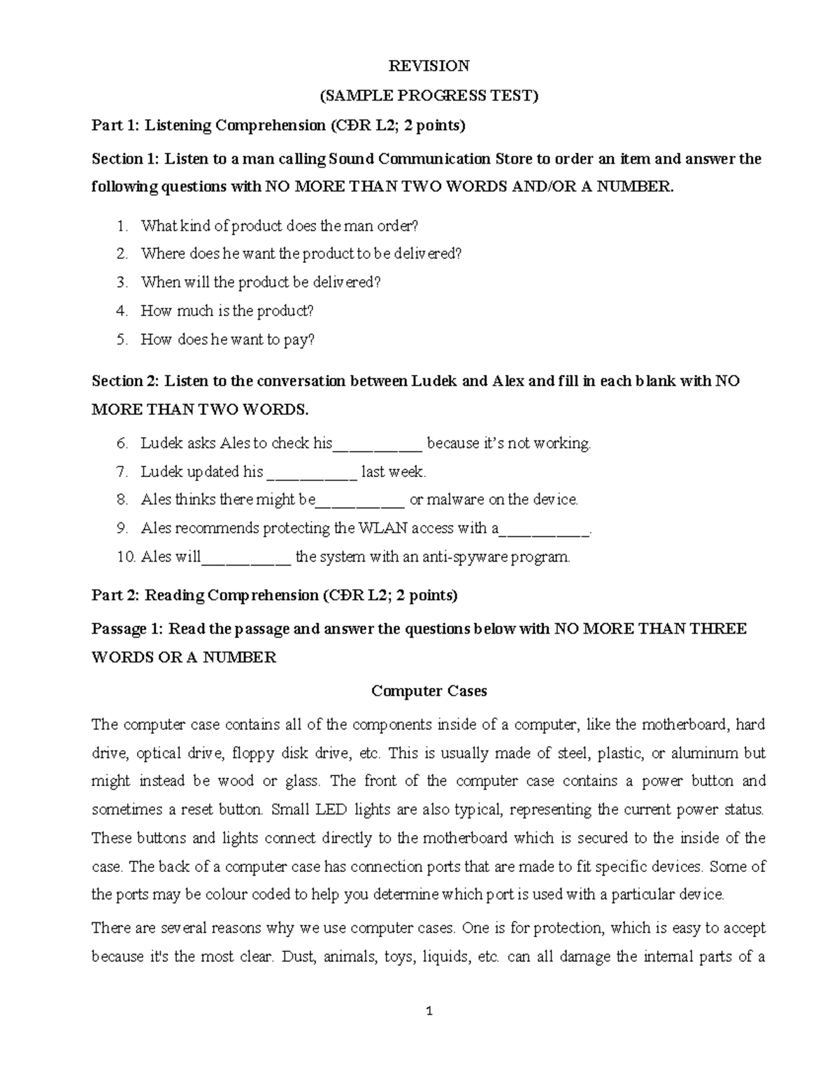 Revision TX2: Sample Progress Test on Listening & Reading Comprehension ...