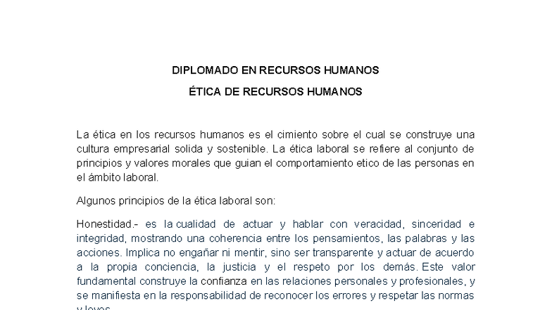 DIPLOMADO EN RECURSOS HUMANOS: Ética y Valores Laborales - Studocu
