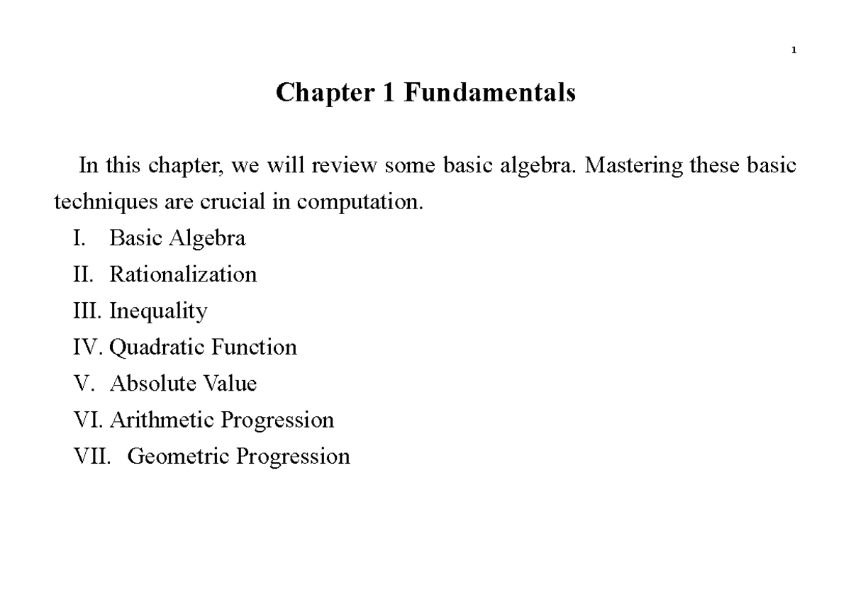 Chapter 1: Fundamentals of Algebra (Course Code: 1) - Studocu