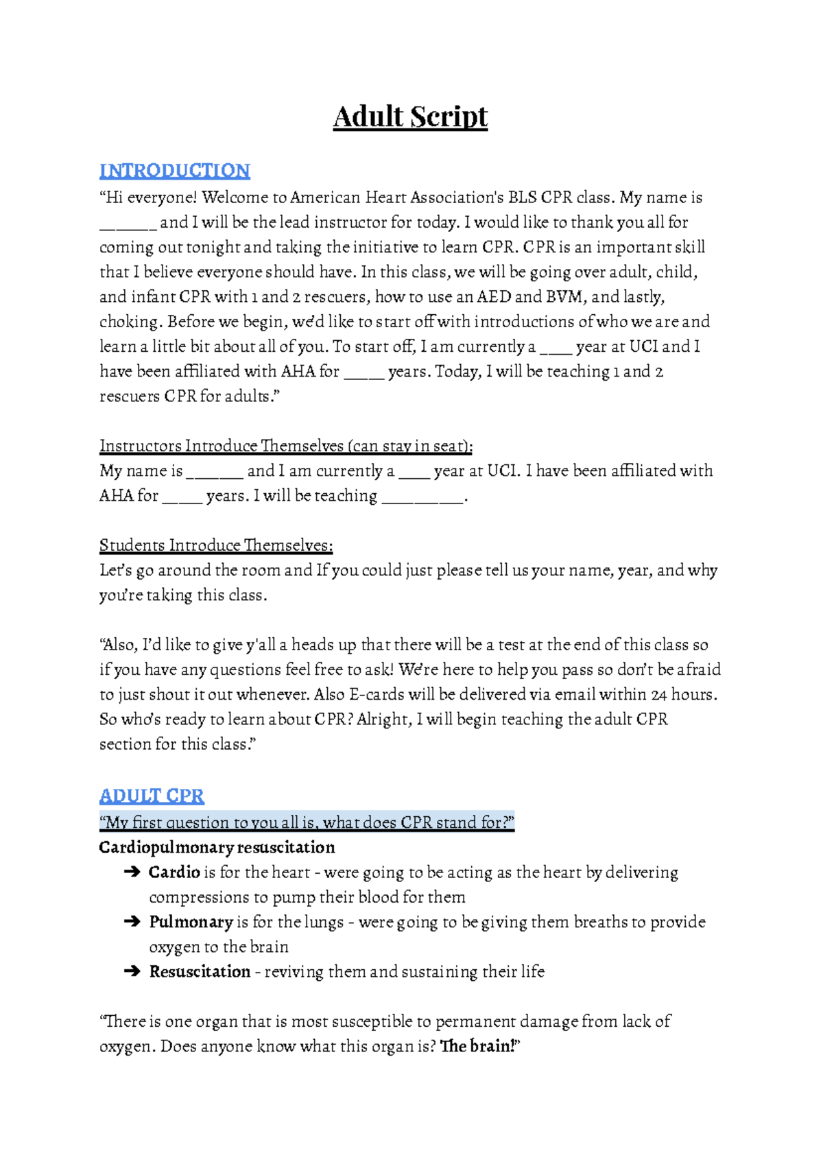 Adult CPR Training Script - AHA BLS Class Notes - Studocu