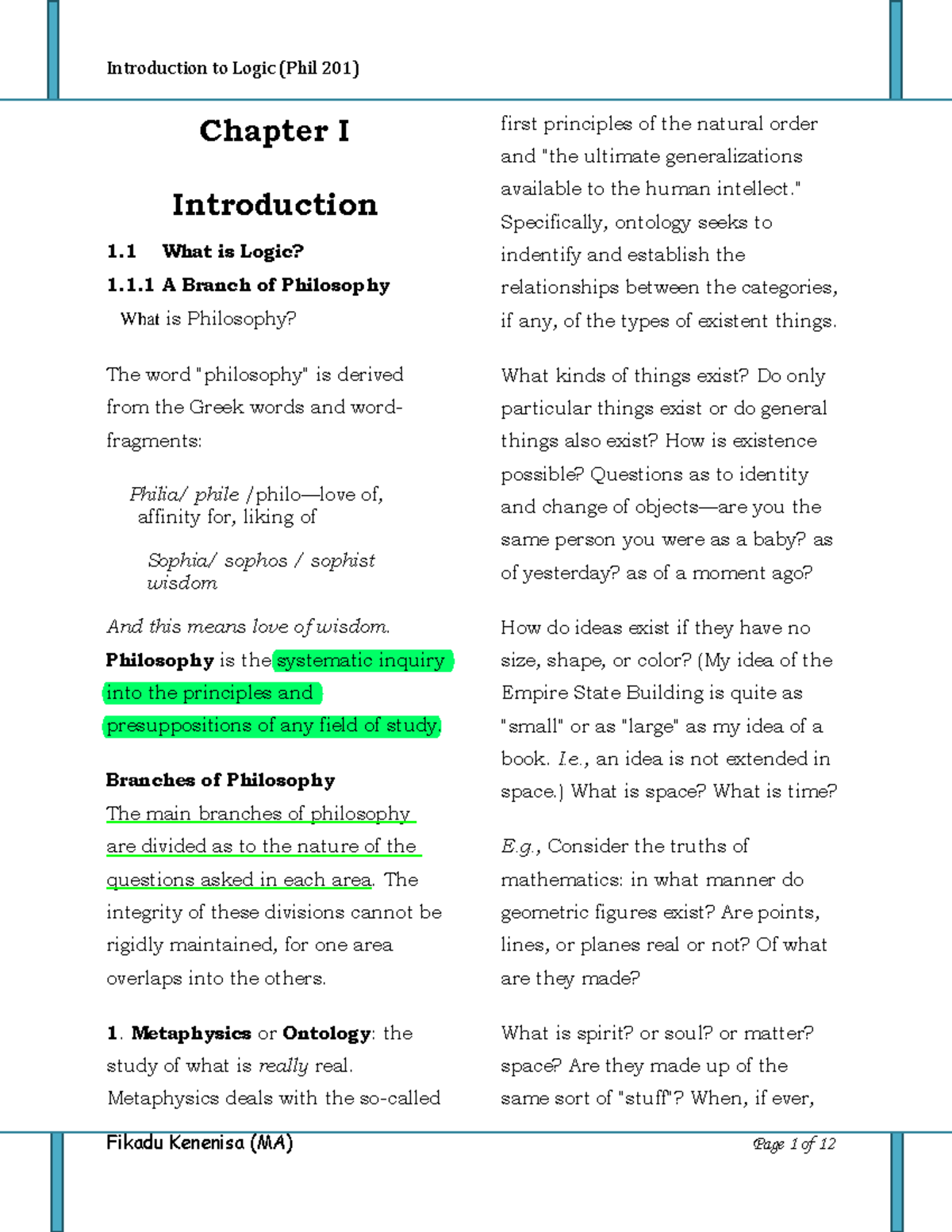 Logic Chapter 1 Notes Chapter I Introduction 1 What Is Logic 11 A Branch Of Philosophy ∑