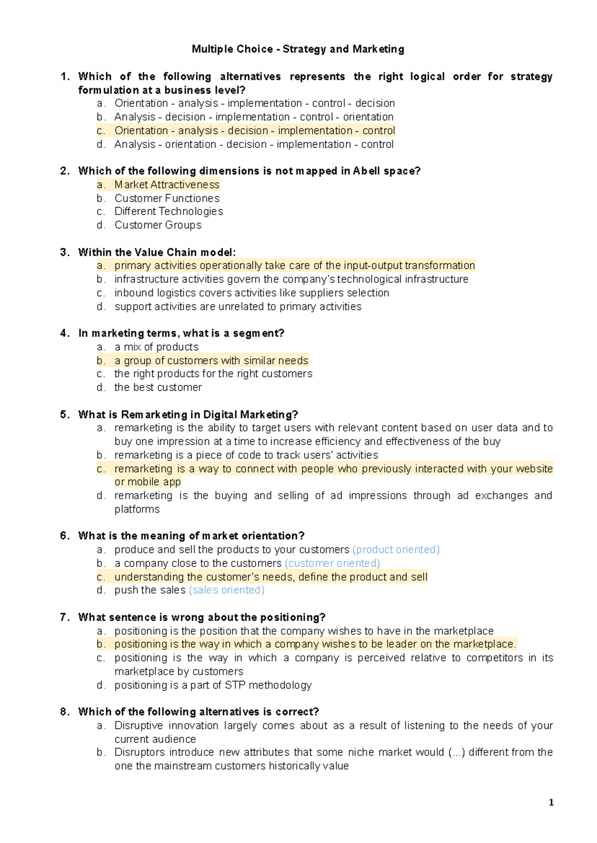 Multiple Choice Quiz - Strategy and Marketing (Course Code: S M) - Studocu