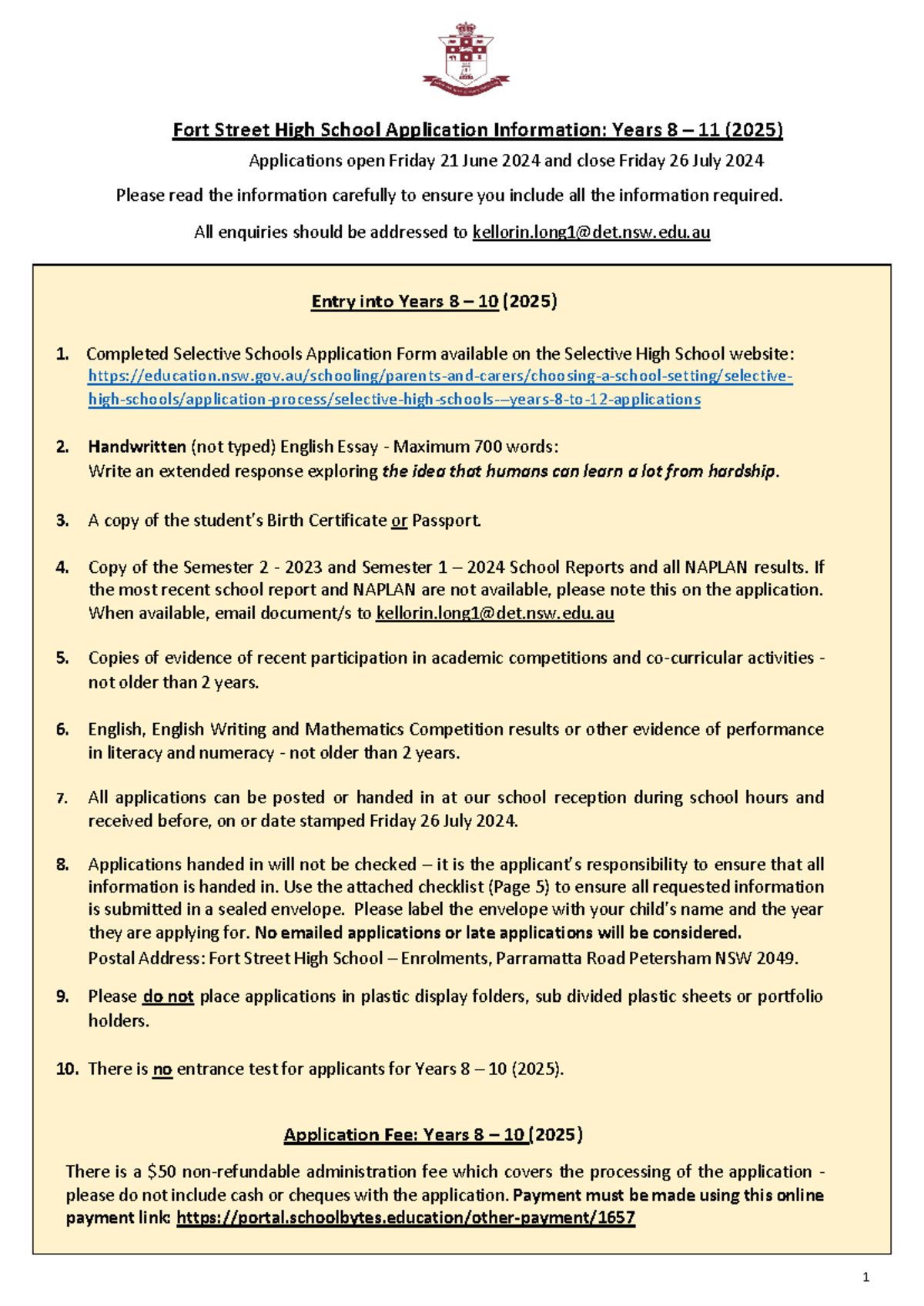 Fort Street High School Application Info for Years 8-11 (2025) Final ...