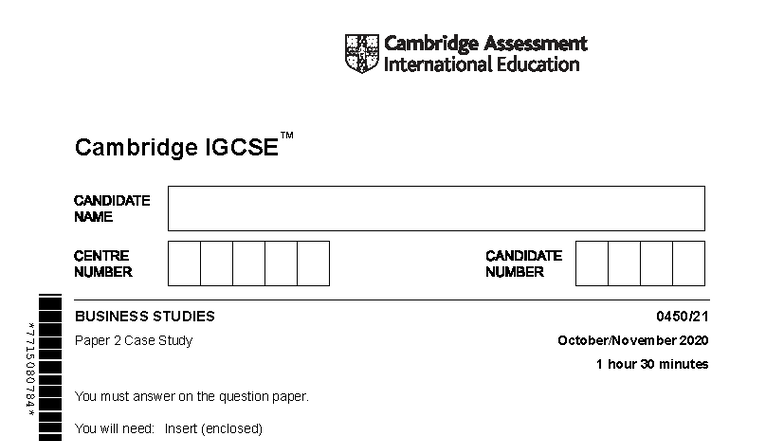 Cambridge IGCSE BUSINESS STUDIES 0450/21 Paper 2 Case Study 2020 - Studocu