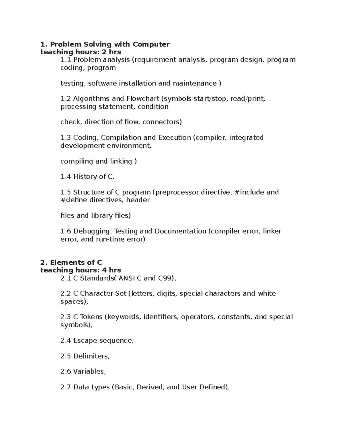 C Programming Syllabus - AB123: Comprehensive Course Overview - Studocu