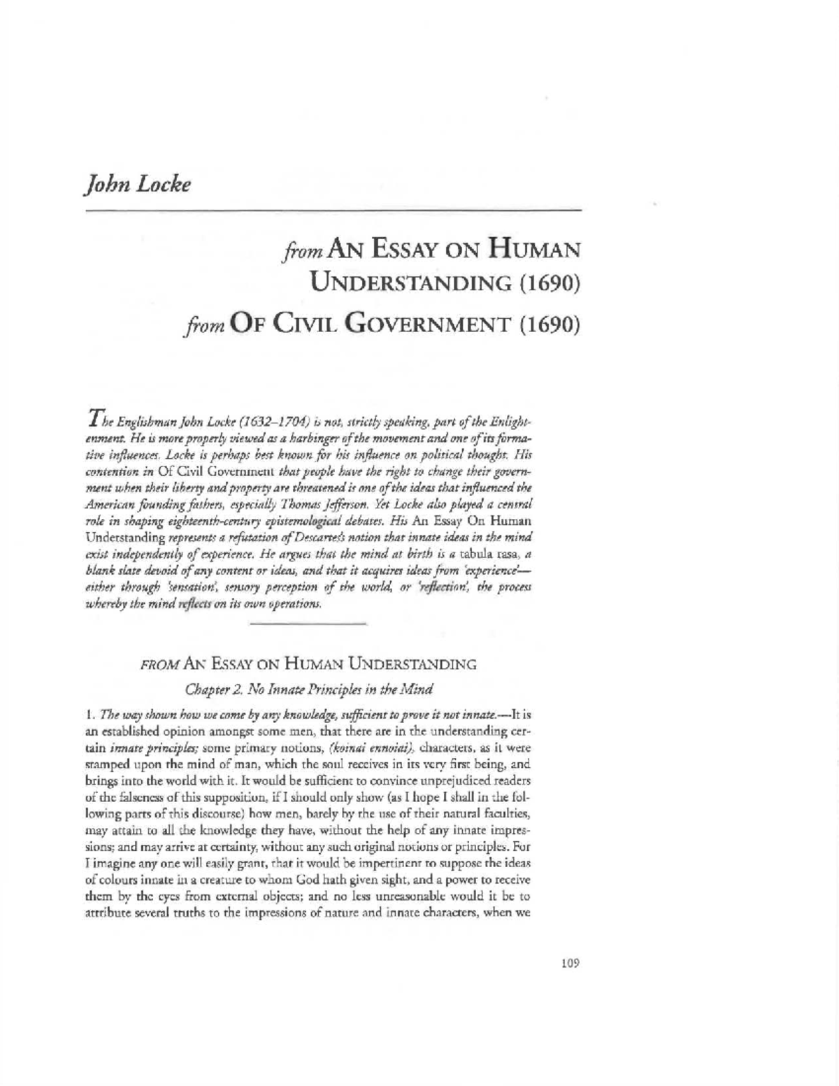 John Locke: An Essay on Human Understanding & Civil Government - Studocu