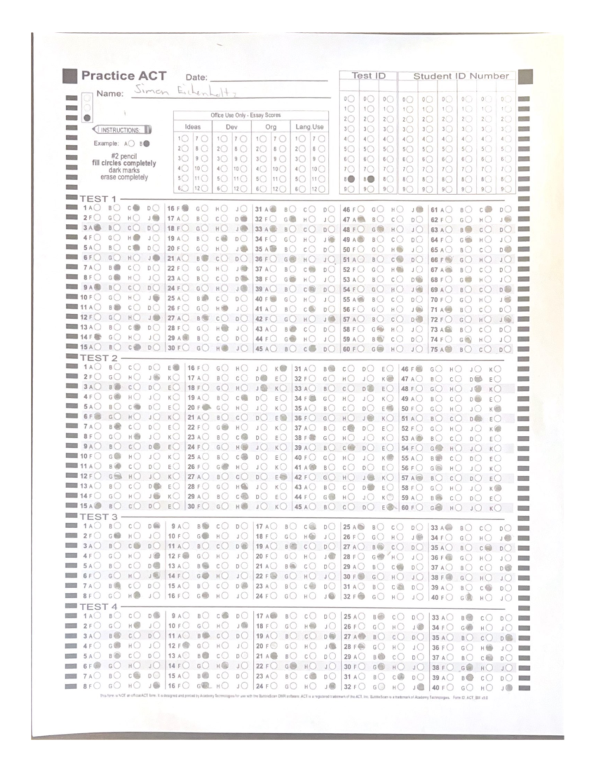 Practce ACT Answer Sheet - ANATOMY 712 - Studocu