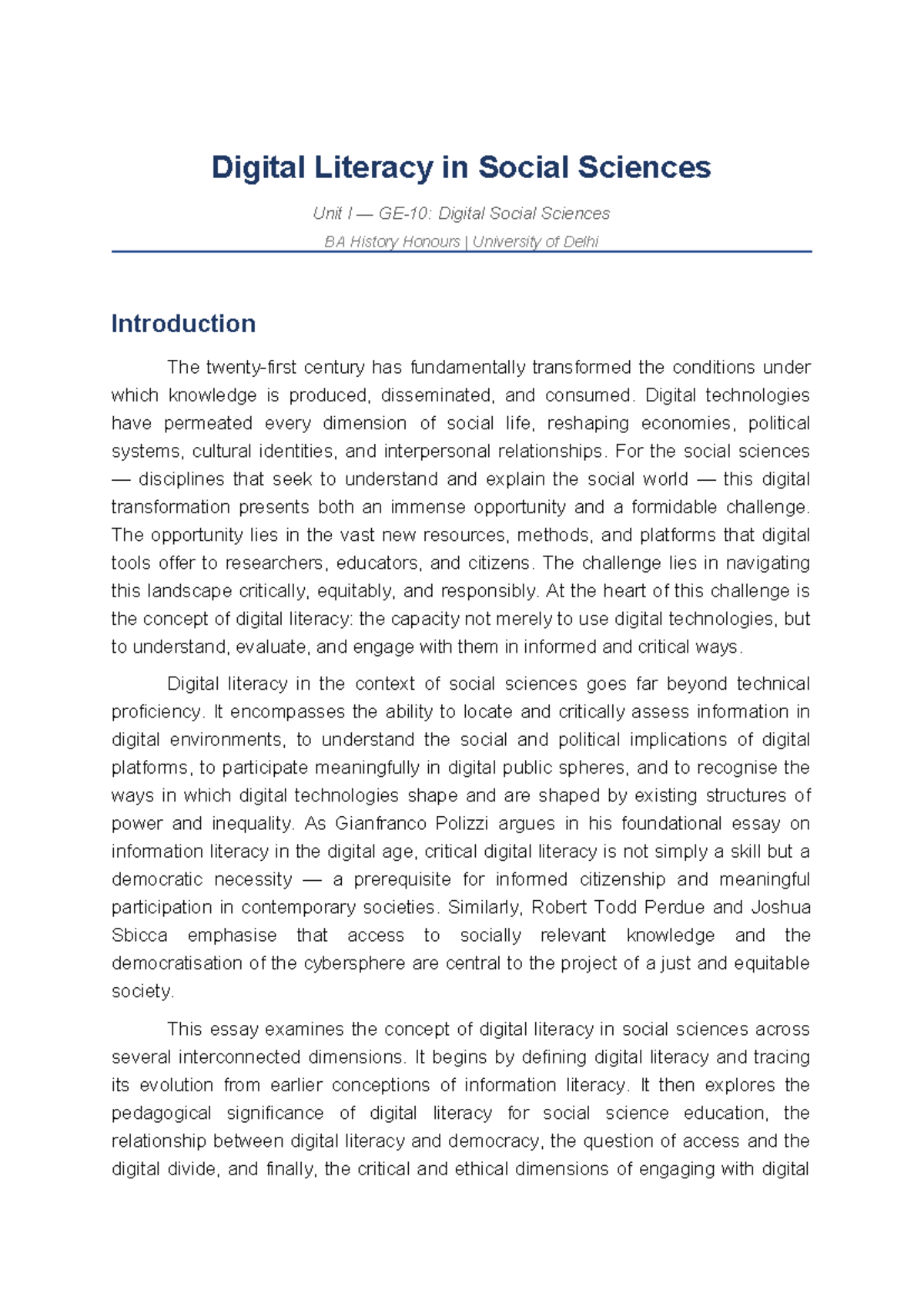 Digital Literacy in Social Sciences: Unit I Overview - BA History ...
