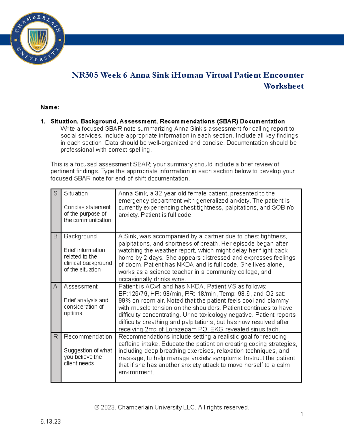 NR305 Week 6: SBAR Documentation for Anna Sink's Virtual Patient ...
