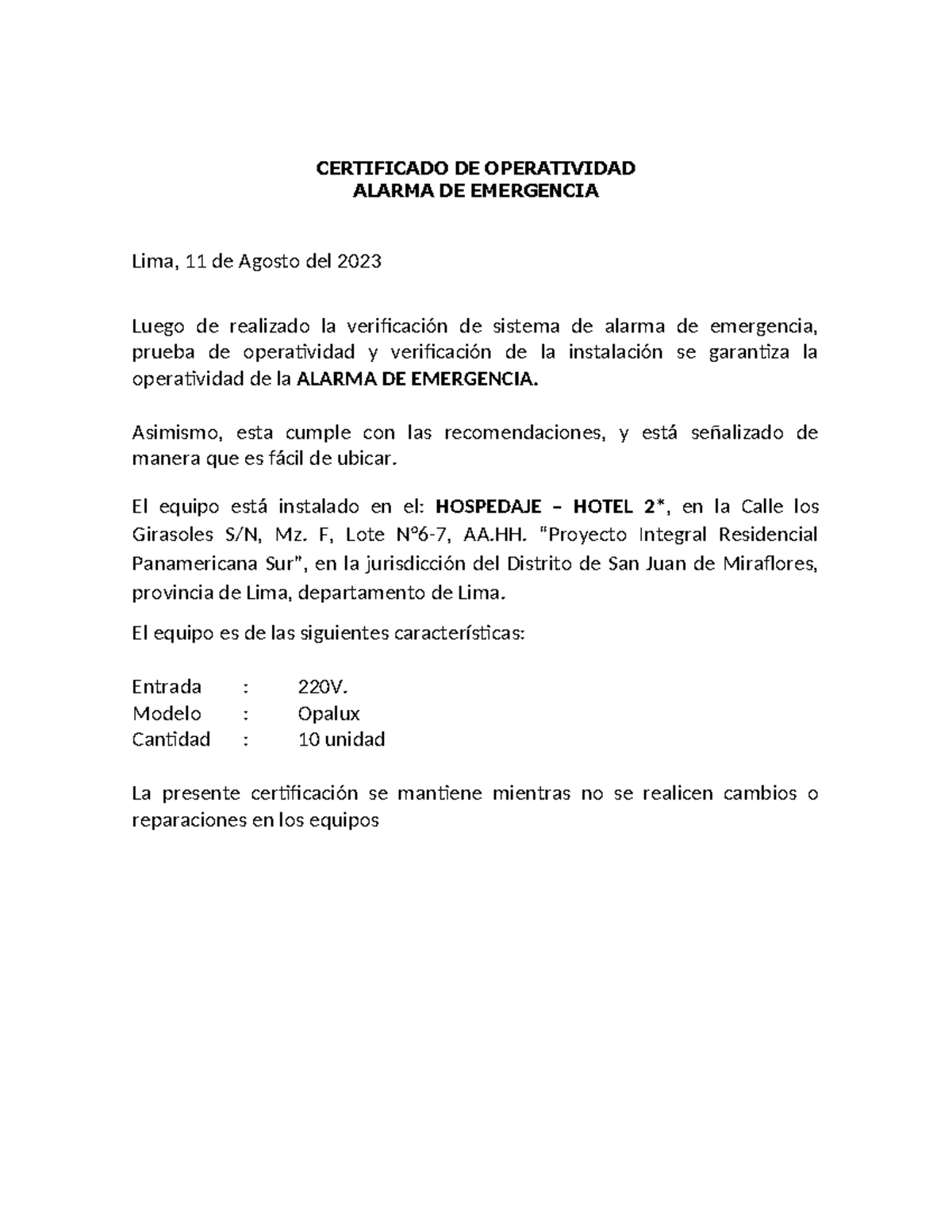 Certificado de Operatividad de Alarma de Emergencia - Lince - Studocu