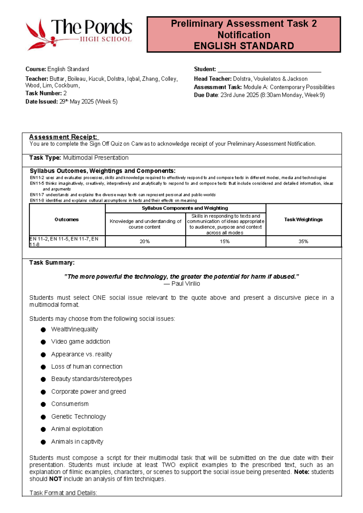 Year 11 English Standard Assessment 2: Multimodal Presentation Task - Studocu