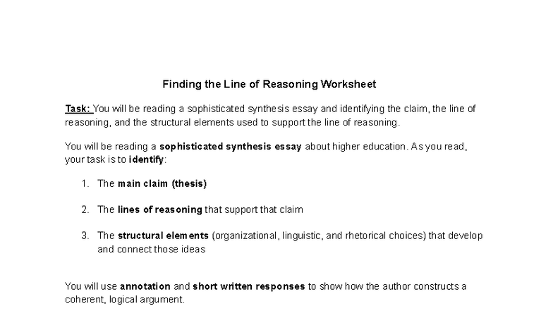 Finding the Line of Reasoning: Synthesis Essay Analysis Worksheet - Studocu
