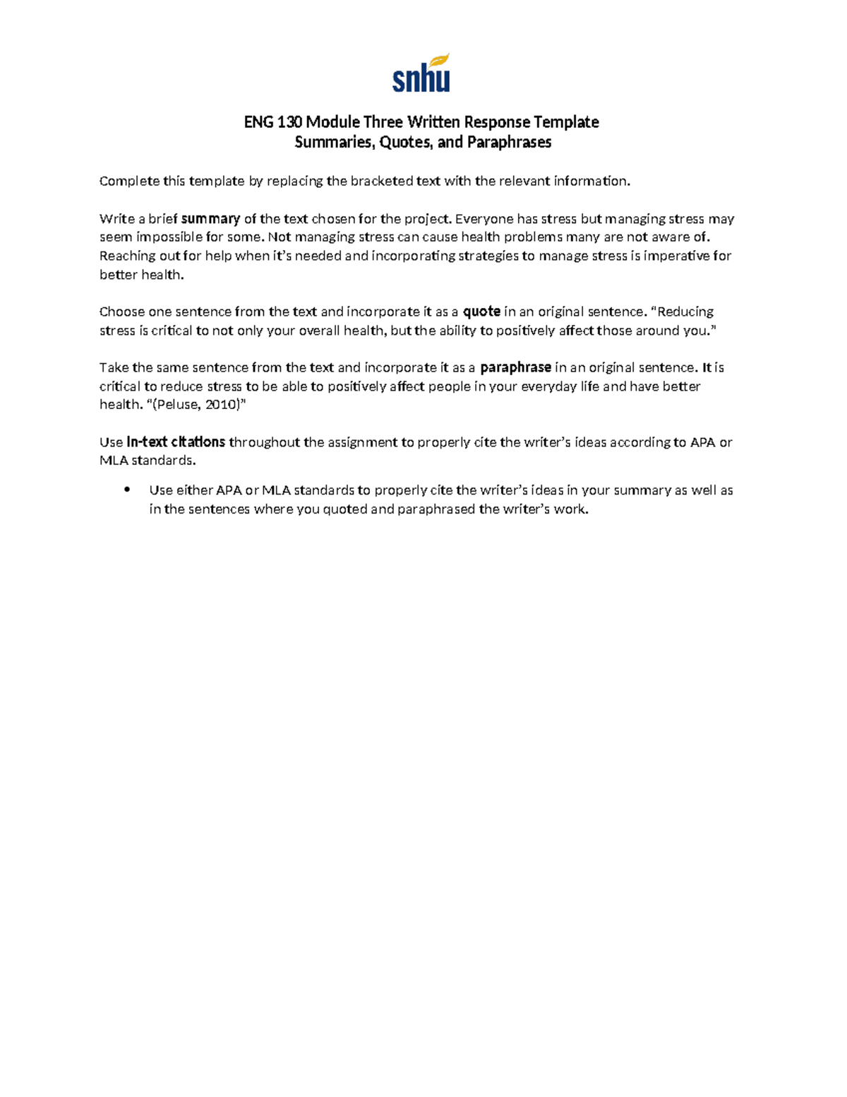 ENG 130 Module 3 Written Response Template for Stress Management - Studocu