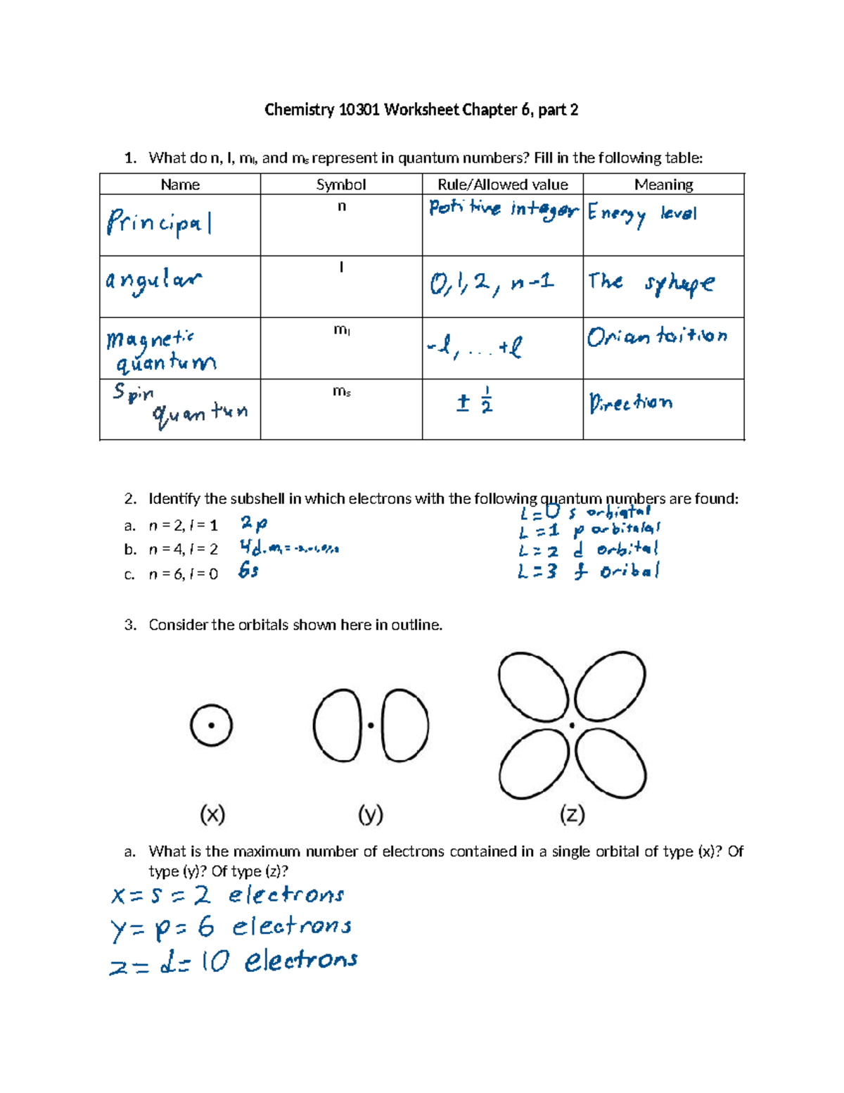 Chemistry 10301 Worksheet Chapter 6: Quantum Numbers & Electron ...