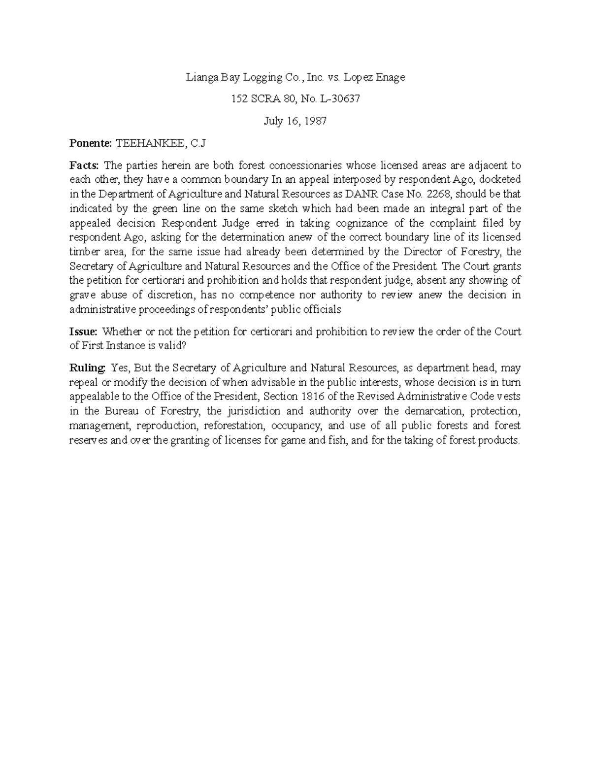 Lianga Bay Logging Co., Inc. vs. Lopez Enage: Case Study Analysis - Studocu
