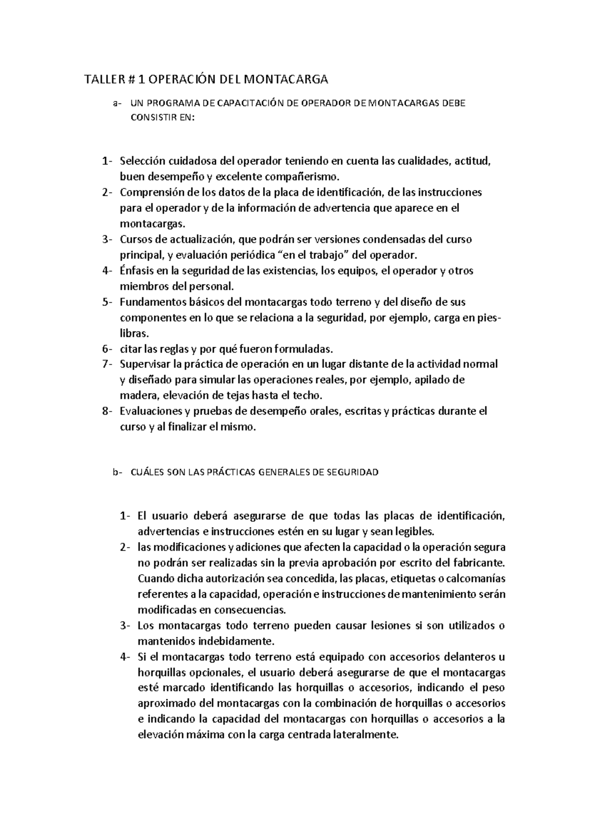 Taller # 1: Capacitación en Operación y Seguridad del Montacargas - Studocu