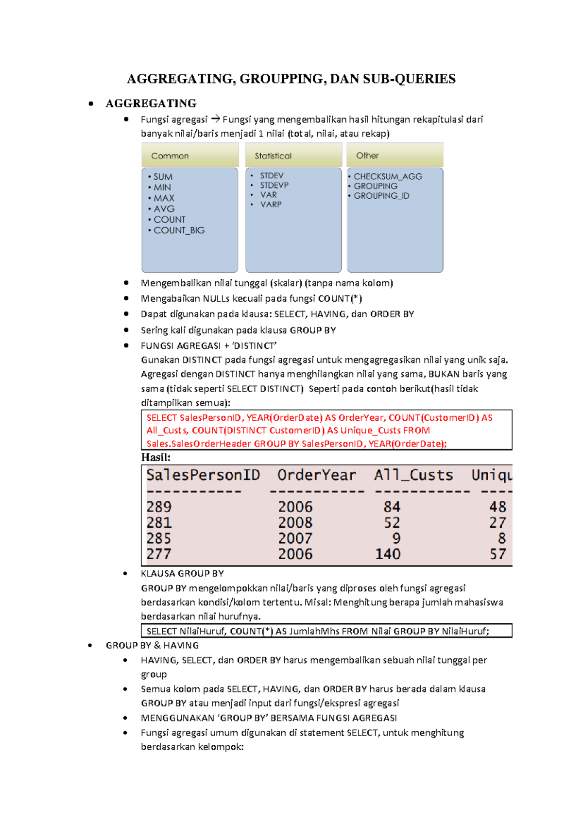 Catatan - Basis Data Lanjut - Agregasi, Pengelompokan & Subkueri - Studocu