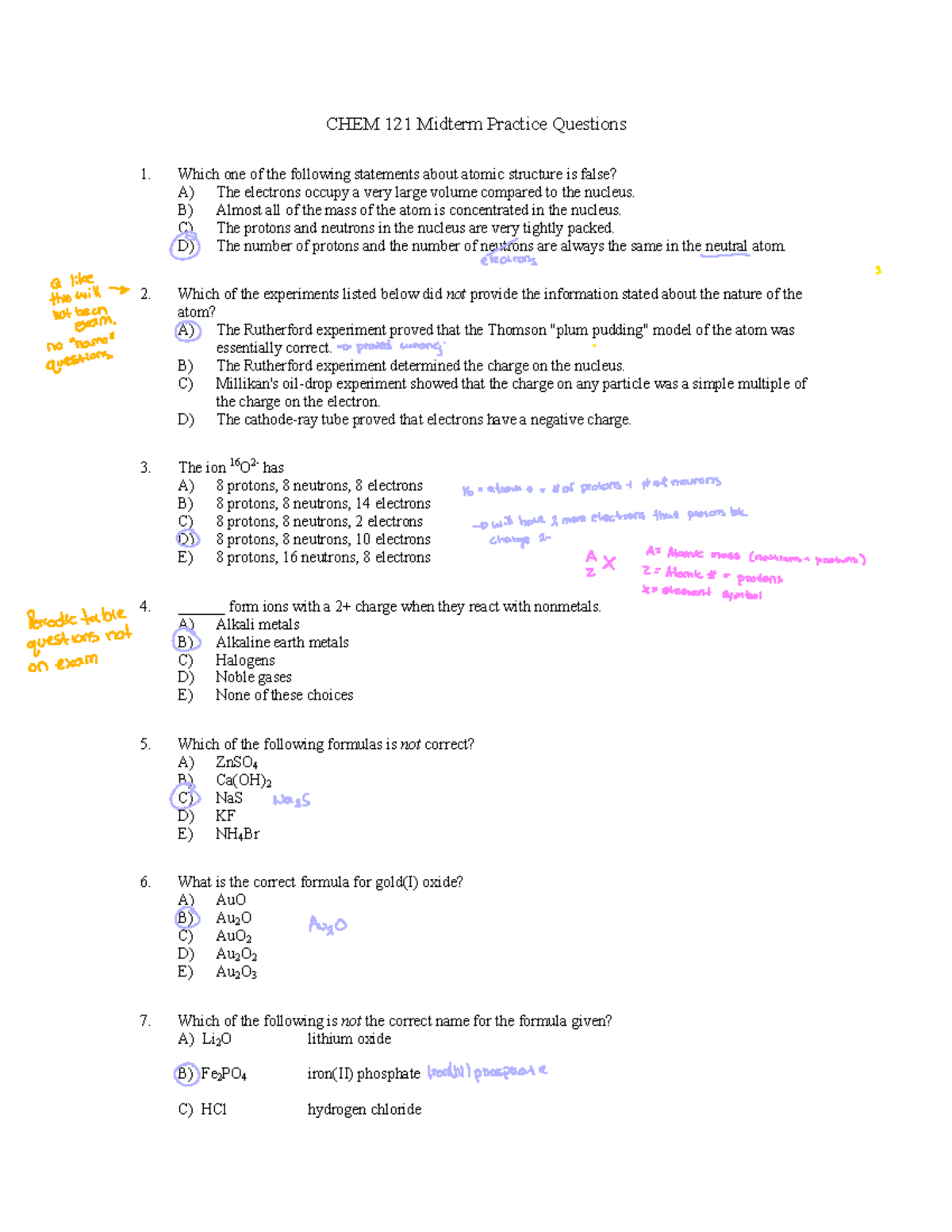 CHEM 121 Midterm 2019: Practice Questions and Answers - Studocu