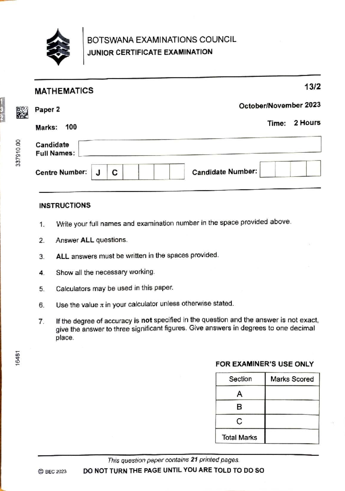 Maths JC P2 2023 - Junior Certificate Examination Paper 2 - Studocu