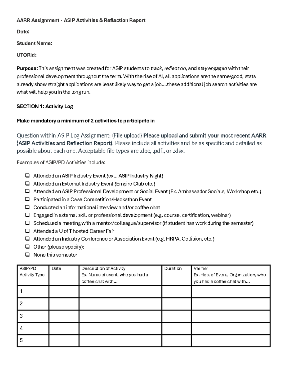 AARR Assignment - ASIP Activities & Reflection Report - Studocu