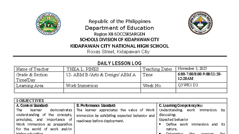 Daily Lesson Log: Work Immersion Q3 WK1 D2 - ABM Grade 12 - Studocu