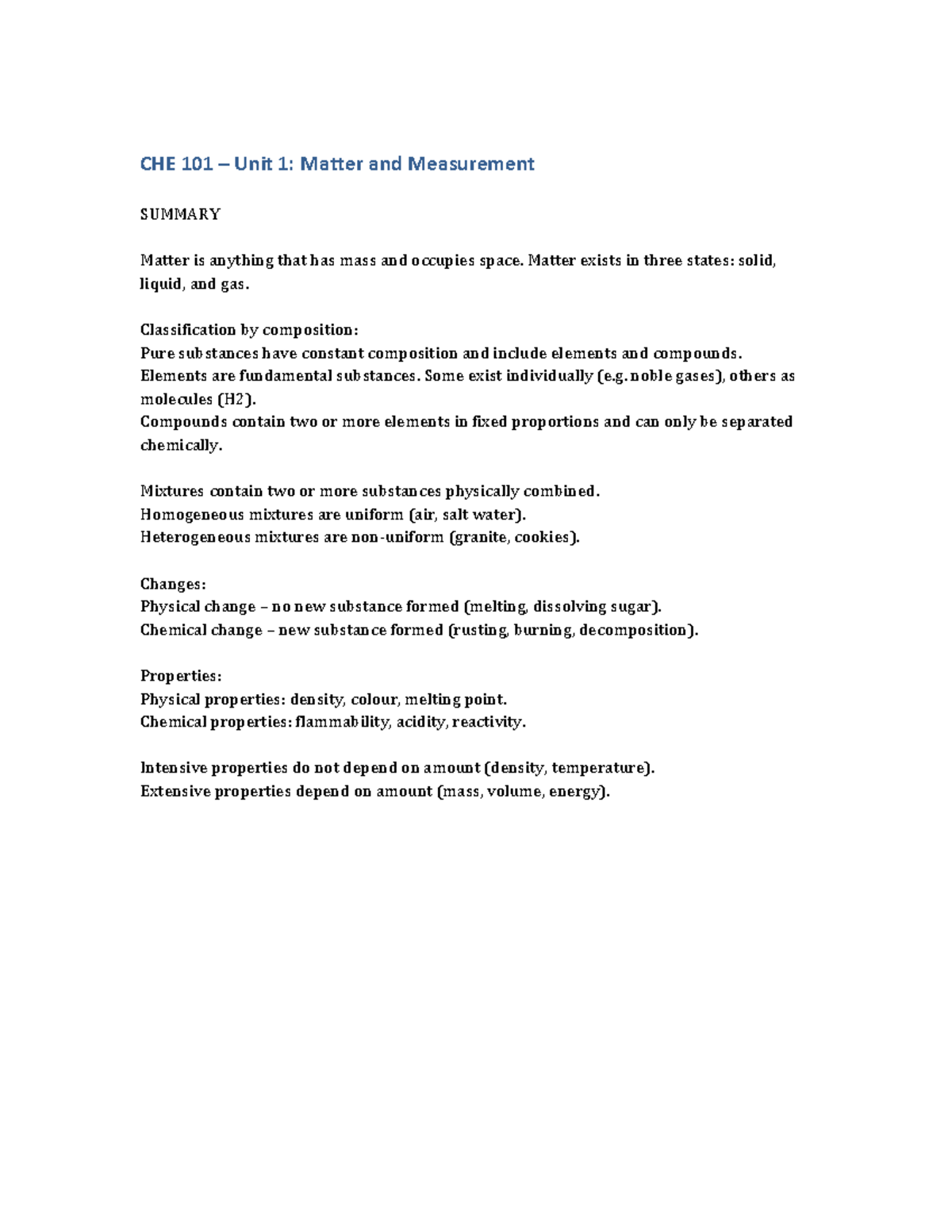 CHE 101 Unit 1: Summary of Matter and Measurement Concepts - Studocu