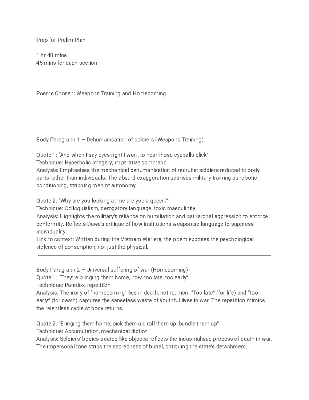 Prep for Prelim Plan - English Essay on War Poems Analysis - Studocu