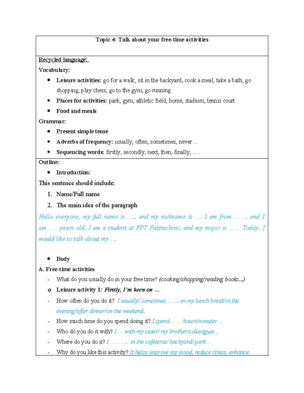 Topic 4 Writing Format ENT1128 - Topic 4: Talk about your free-time ...