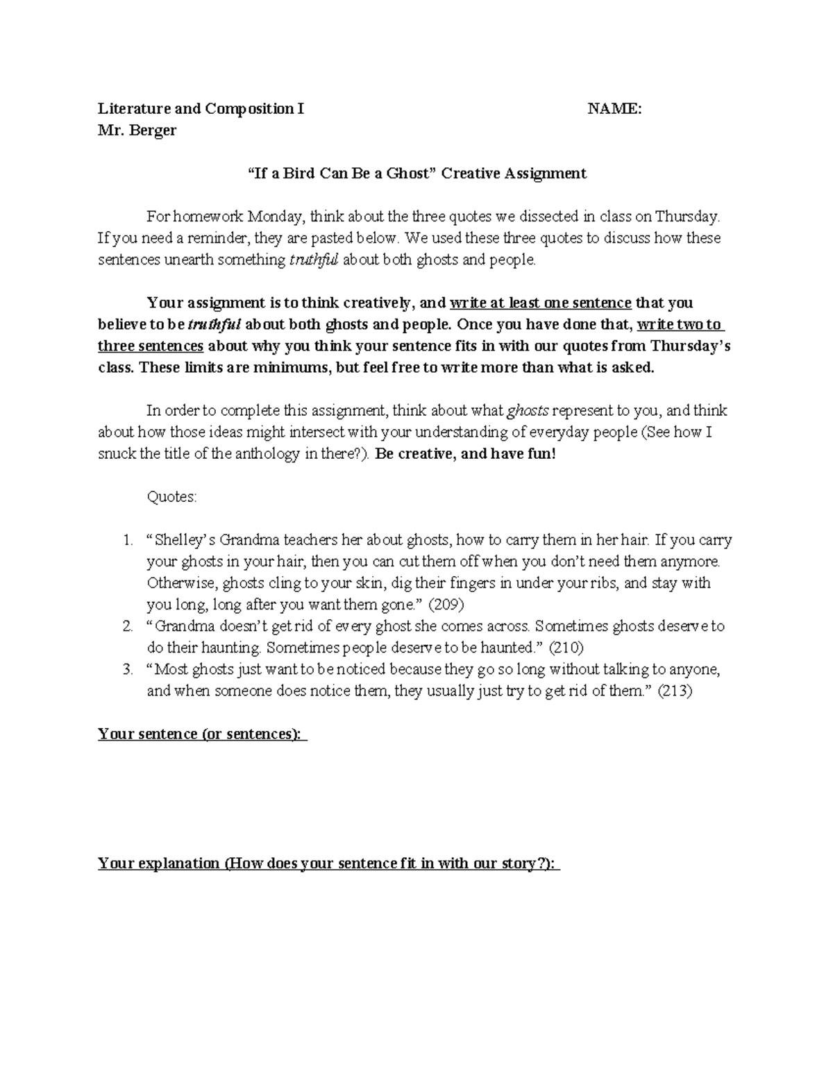 Literature and Composition I: If a Bird Can Be a Ghost Creative ...