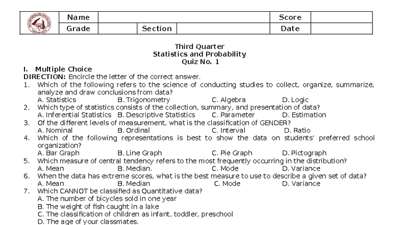 STAT 101: Third Quarter Statistics & Probability Quiz No. 1 - Studocu