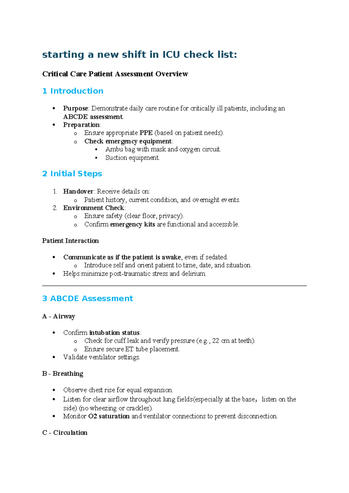 ICU Shift Preparation Checklist: Essential Guidelines for Patient Care ...