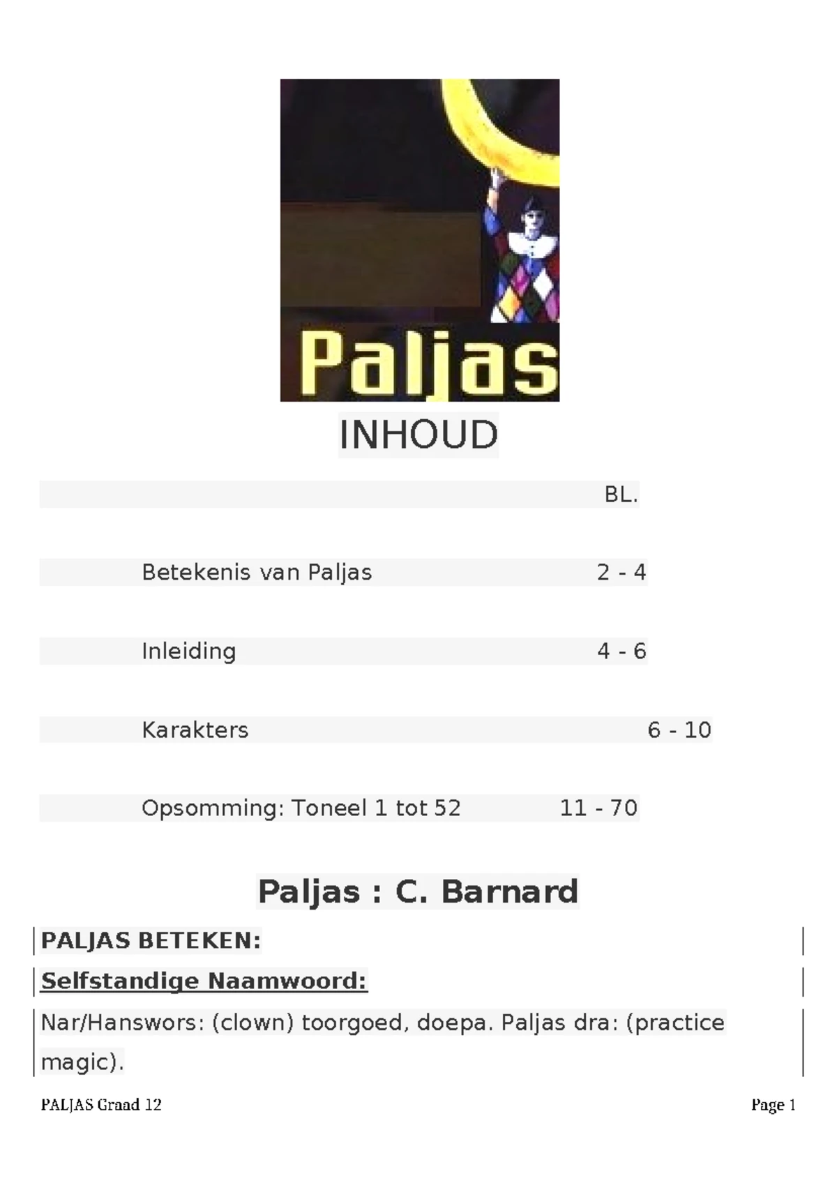 Paljas: Inleidende Notas 1-10, Karakters 11-15, Toneel 16-34 - Studocu