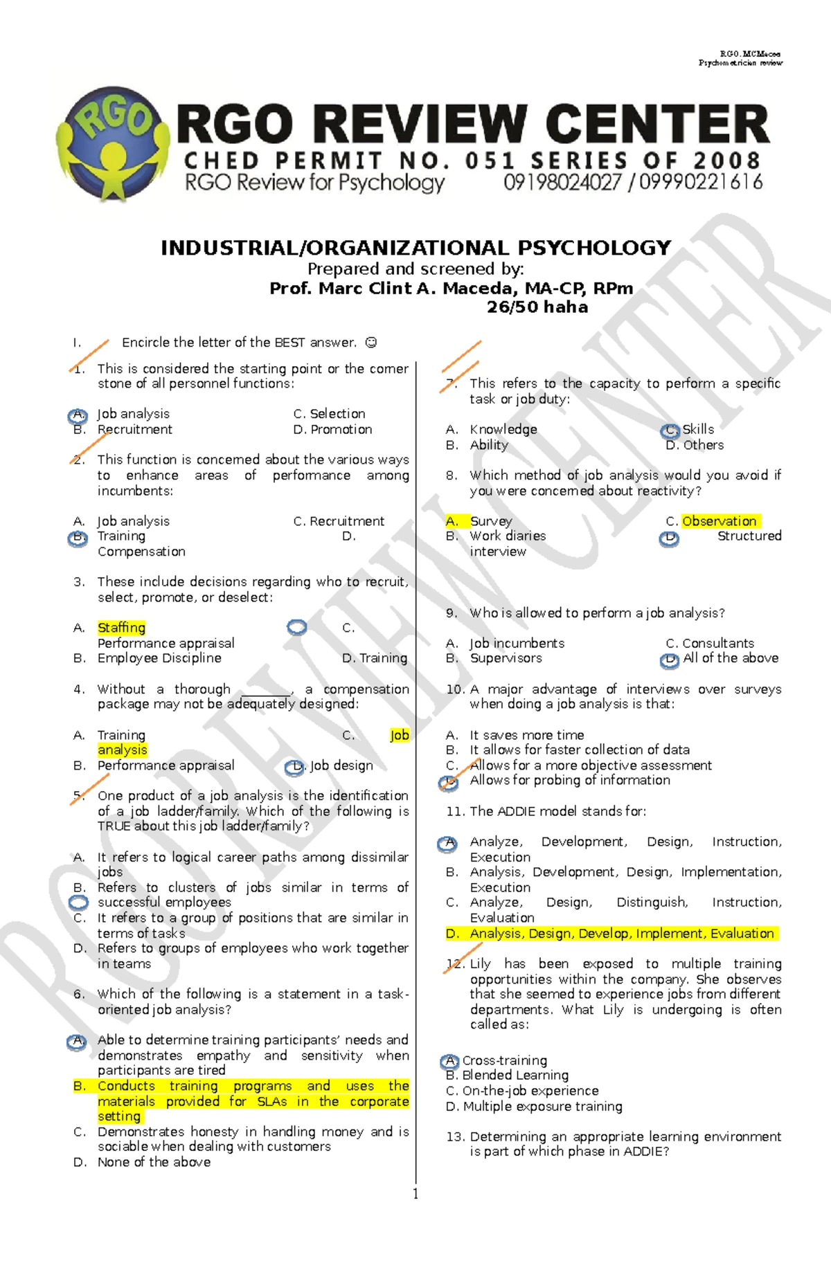 Answer Key Review: Quiz in Industrial and Organizational Psychology ...