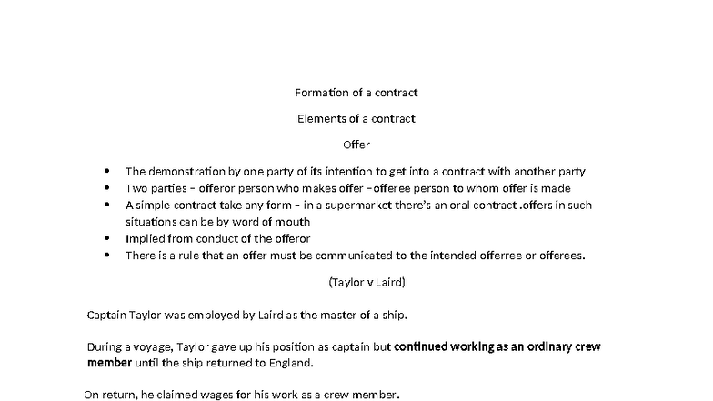 Contract Law Notes: Formation, Elements, and Key Cases - Studocu