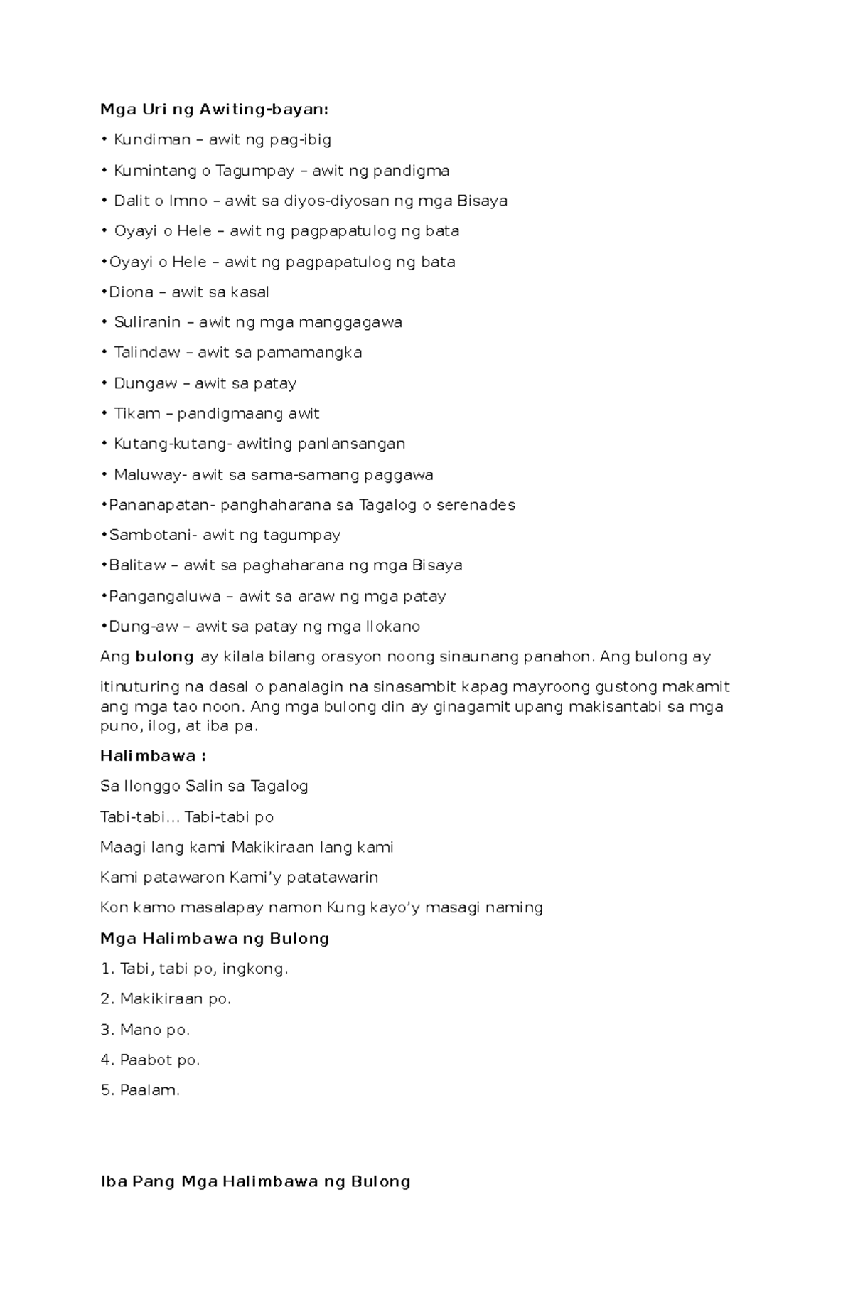 Q2-G7 - Activity on Mga Uri ng Awiting-bayan at Bulong - Studocu