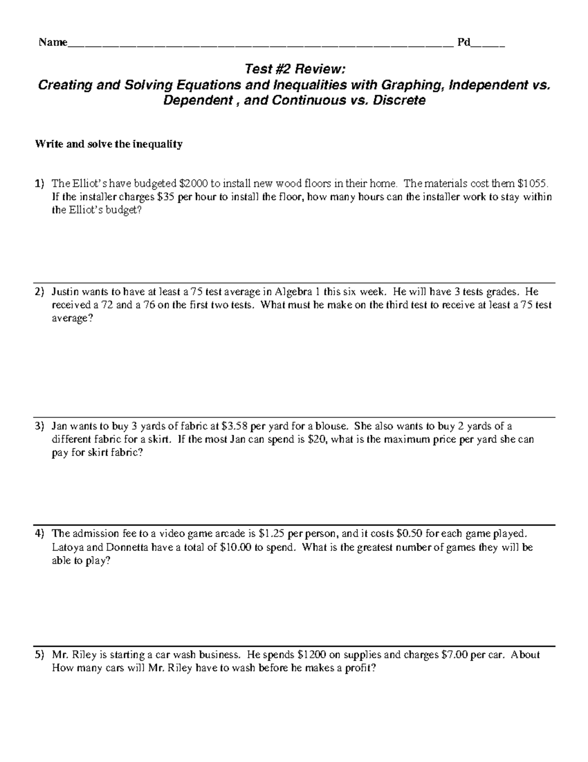Test #2 Review: Creating & Solving Equations and Inequalities - Studocu