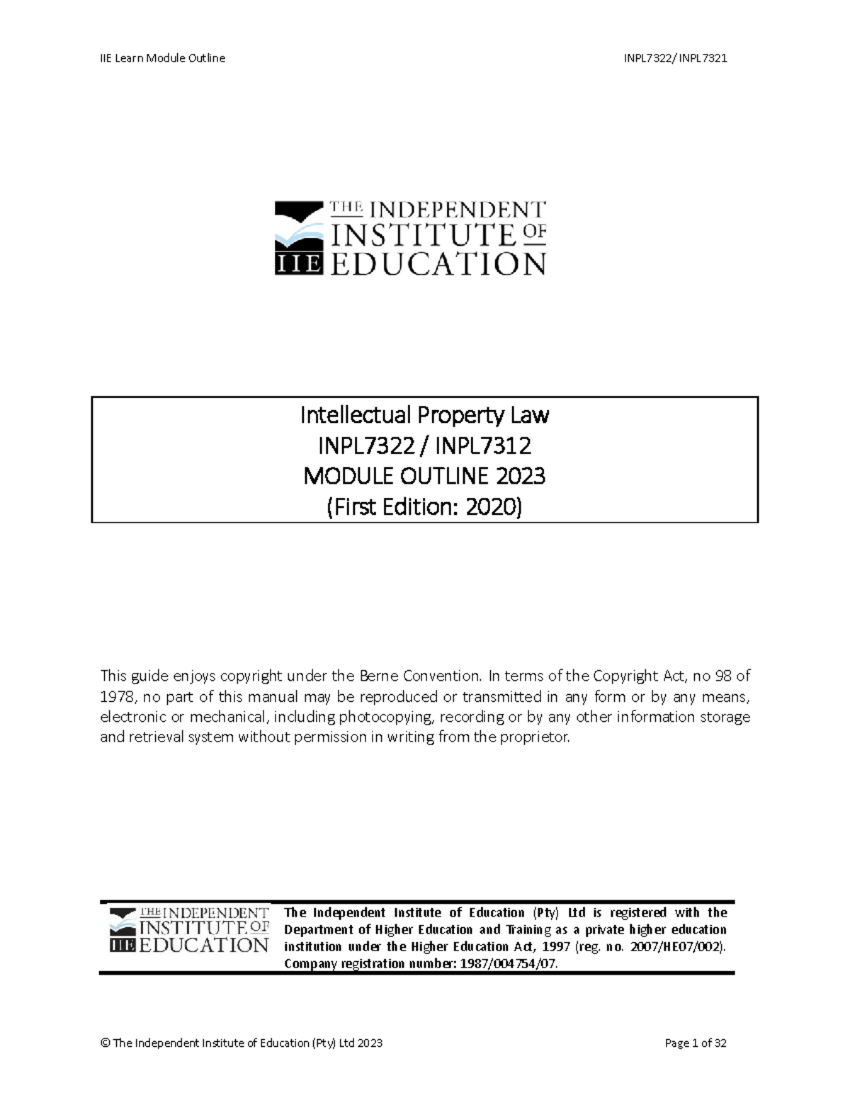 IIE Learn Module Outline INPL7321: Intellectual Property Law Overview ...
