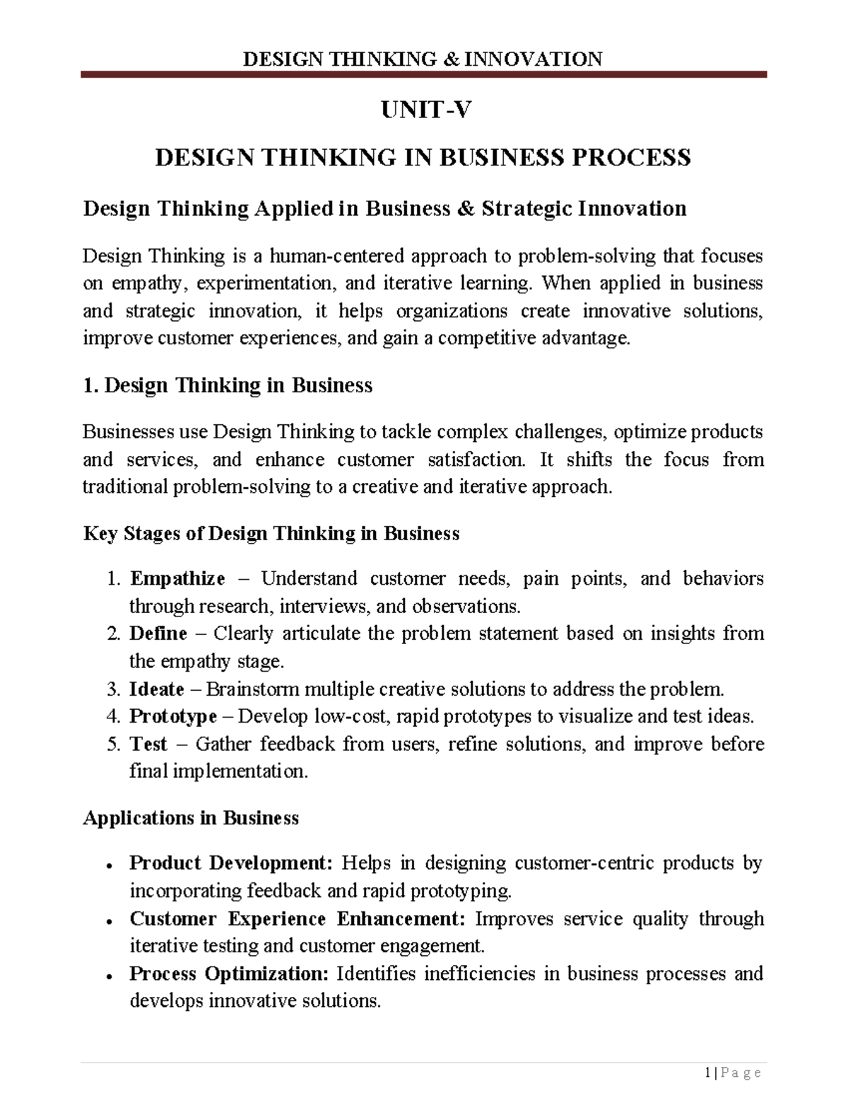 DTI Unit V - Design Thinking in Business & Strategic Innovation - Studocu